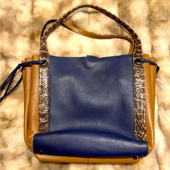 Coach | Bags | Coach Navy And Tan Tote Purse With Snakeskin Detail ...